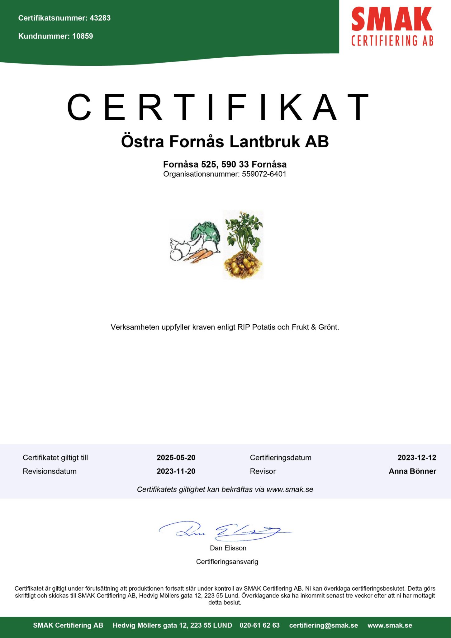 Certifikat – Östra Fornås Lantbruk